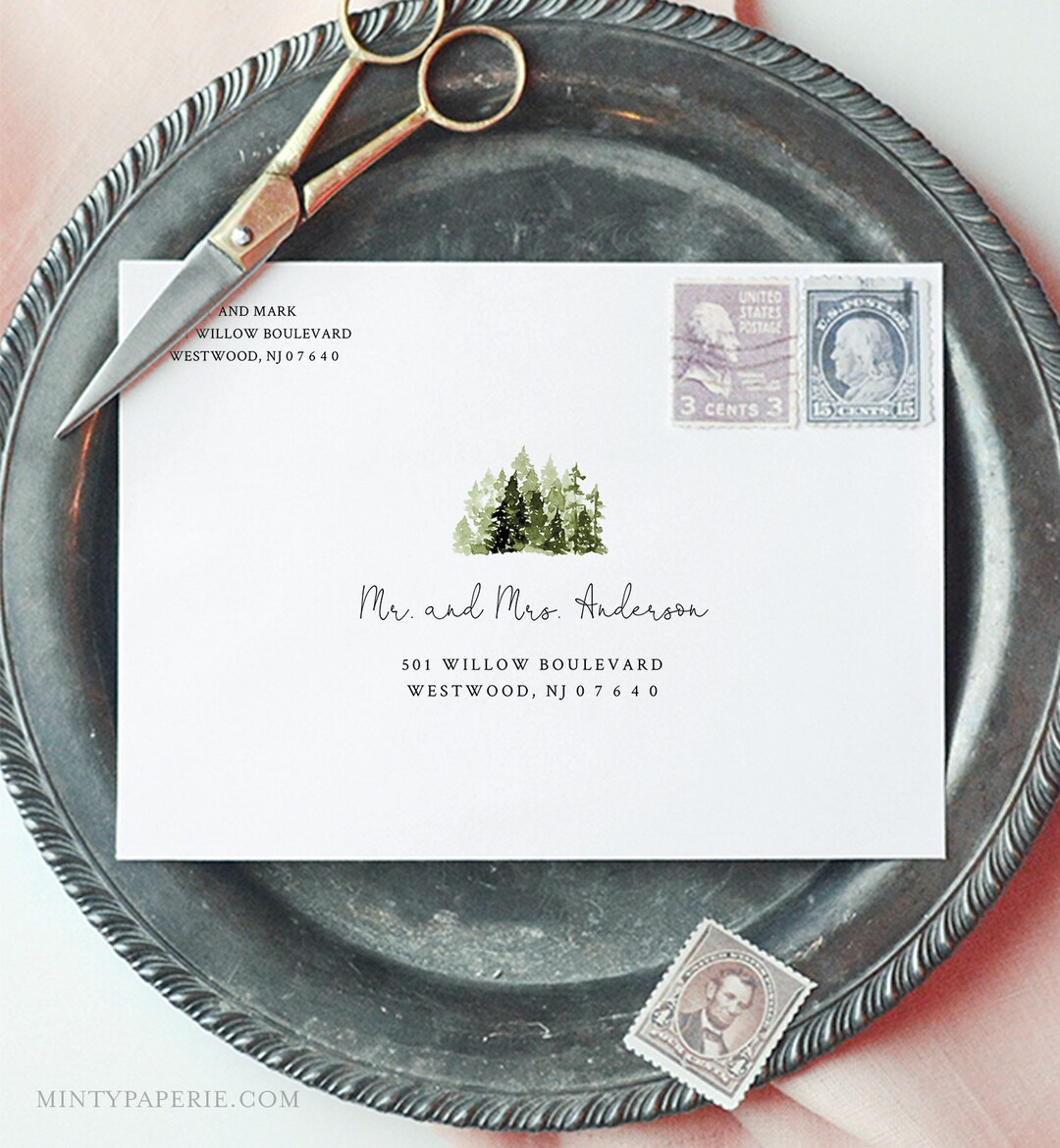 Pine Tree Envelope Template, Printable Woodland Lake Wedding Address ...