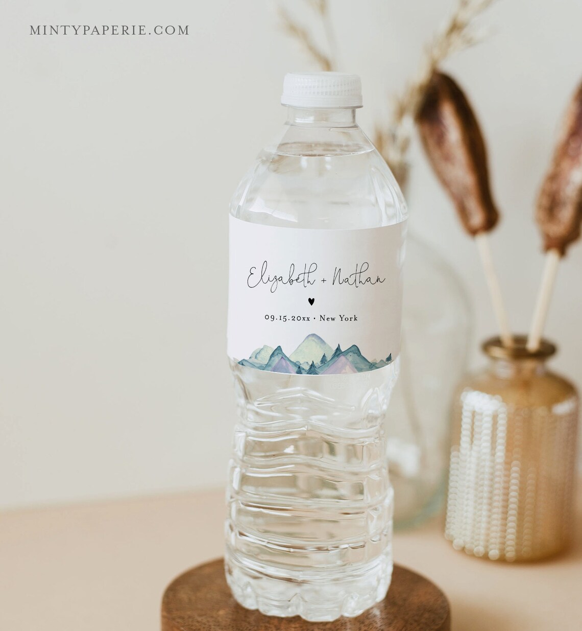 Mountain Water Bottle Label Template, Pine Wedding Water Wrapper, 100% ...