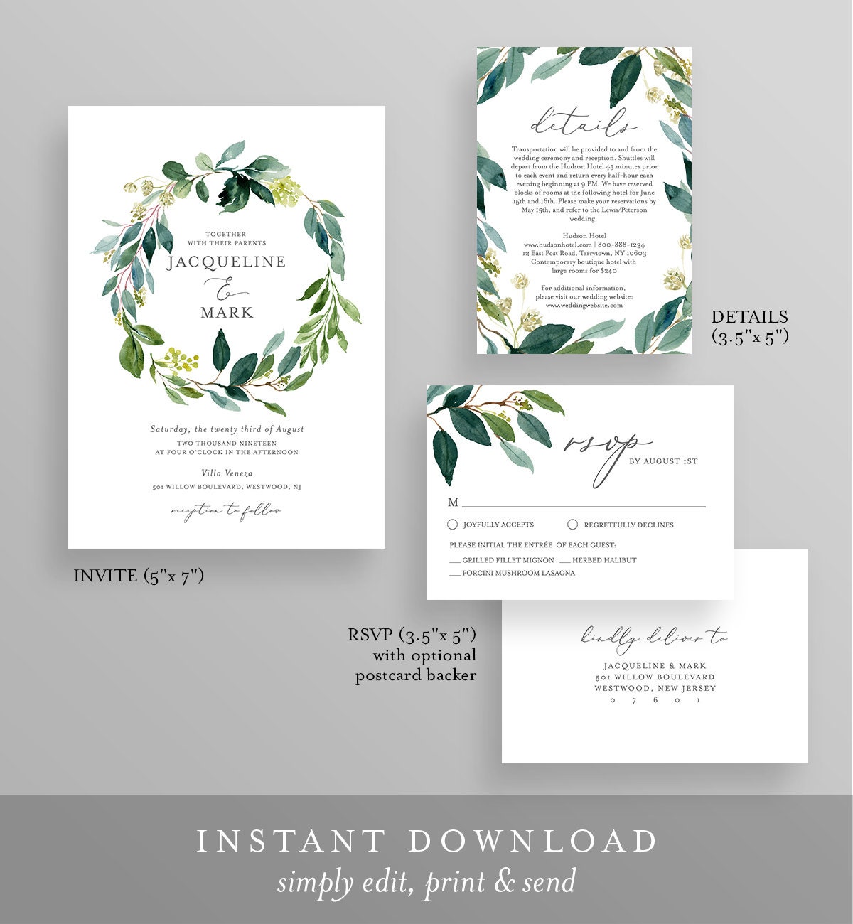 Greenery Wedding Invitation Set 100% Editable Text INSTANT | Etsy