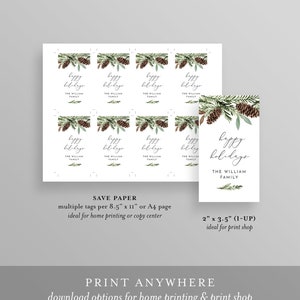 Holiday Gift Tag Template, Printable Winter Pine Favor Tag, Editable ...