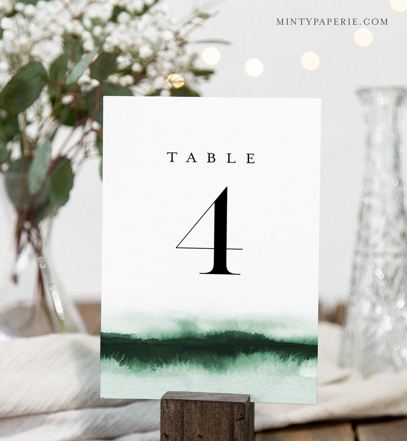 Emerald Green Table Number Card Template, Watercolor Wedding Table ...