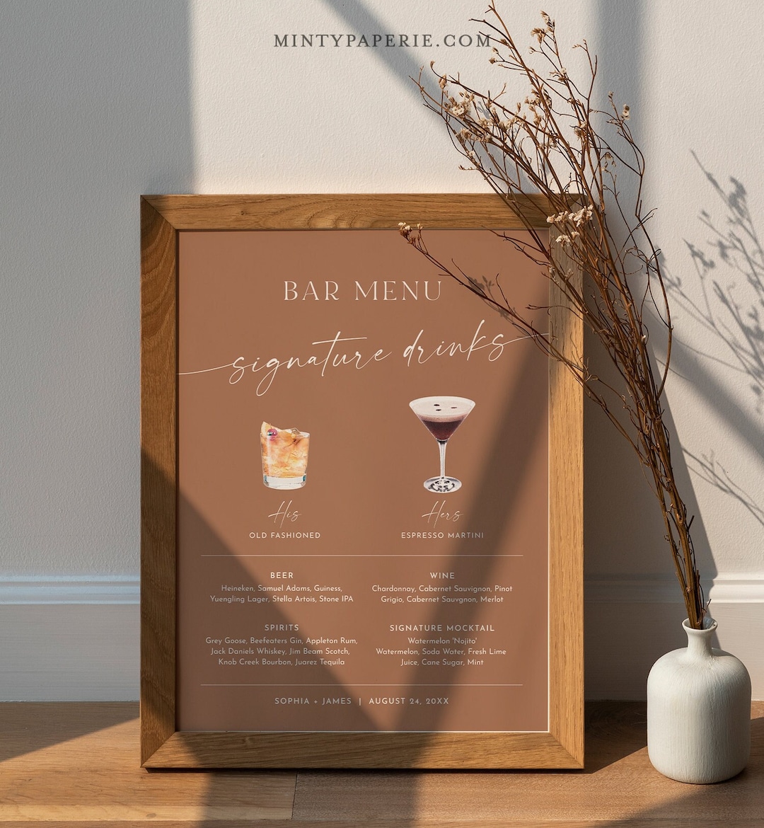 Signature Drinks Bar Sign, Boho Terracotta, 200+ Cocktails, Wine, Beer ...