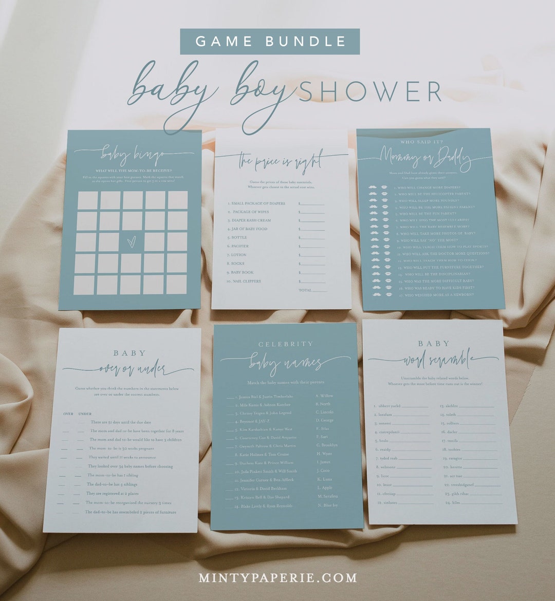 Boy Baby Shower Game Bundle, 21 Games, Minimalist Blue, Editable ...