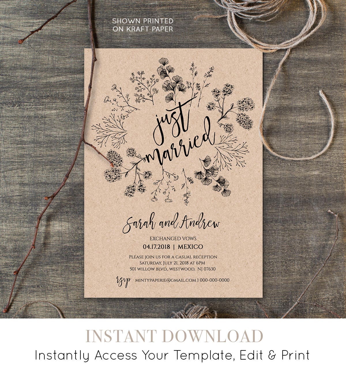 Just Married Elopement Invitation Template Printable Rustic Wedding 