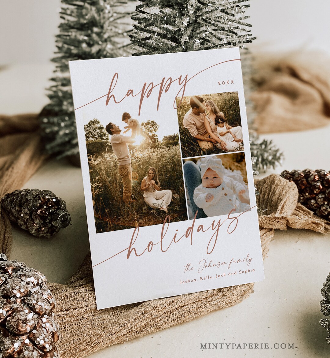 Boho Photo Holiday Card Template, Bohemian Christmas Card, Terracotta ...