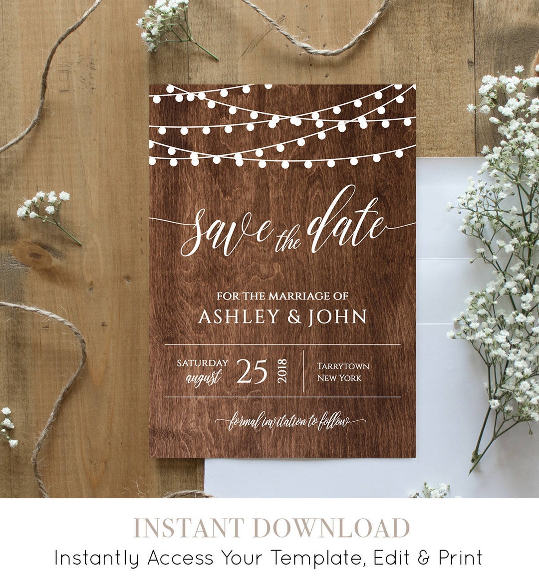 Rustic Save the Date Template, Instant Download, Wood String Lights ...