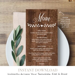 Printable Menu Card Template, Rustic Wedding Dinner Menu, Fully ...