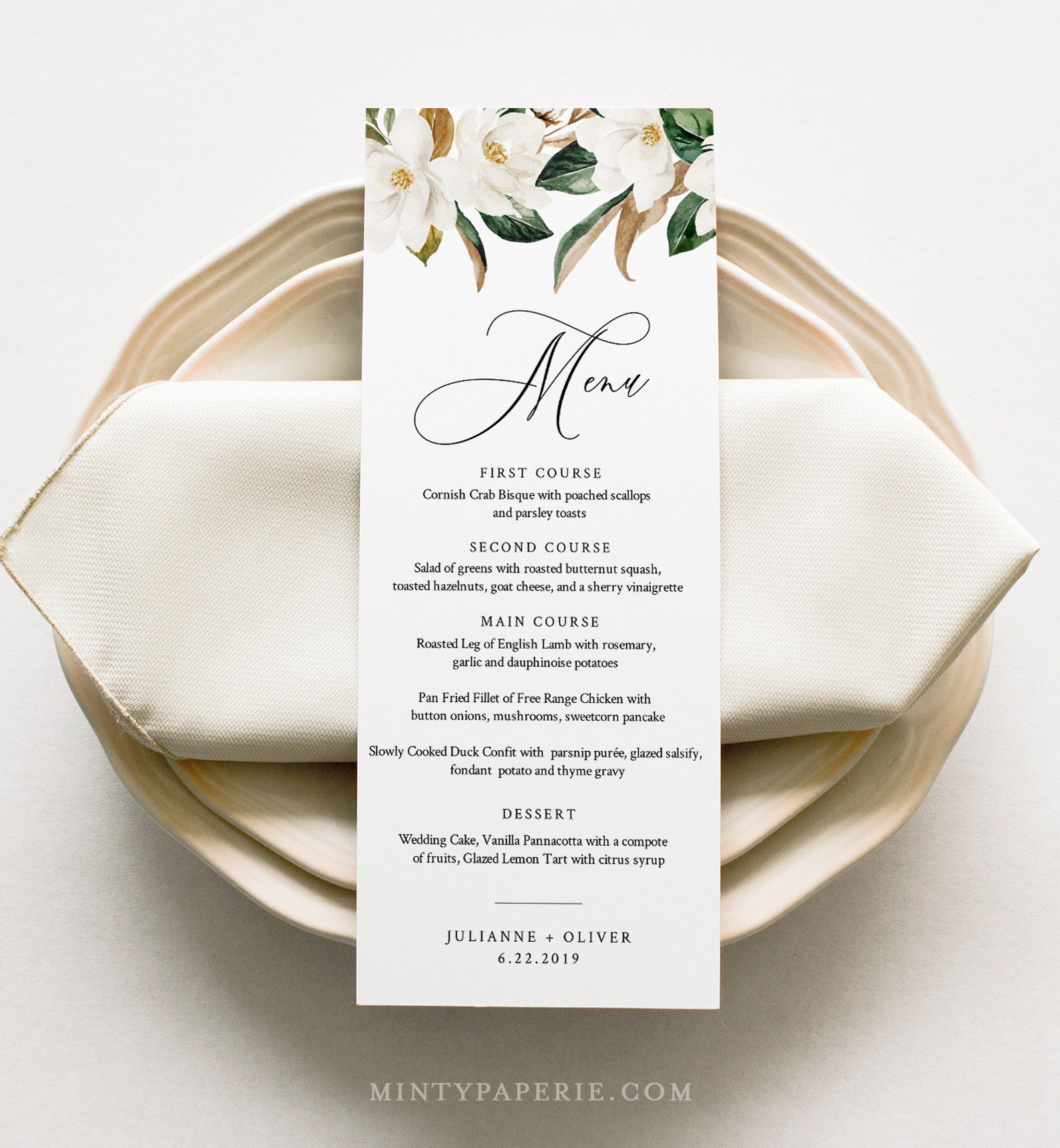 Magnolia Menu Template, Southern Wedding Menu Card, Printable DIY ...