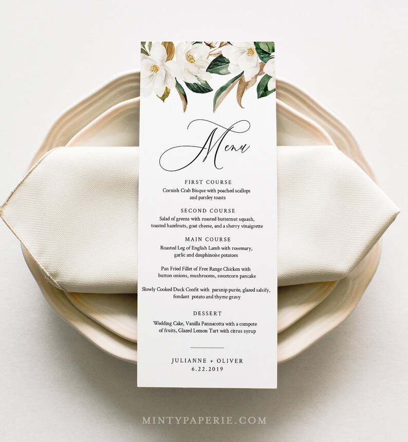 Magnolia Menu Template, Southern Wedding Menu Card, Printable DIY ...