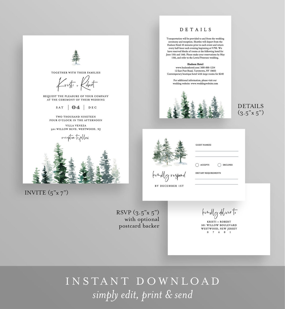 Pine Wedding Invitation Suite Winter Rustic Wedding Invite - Etsy