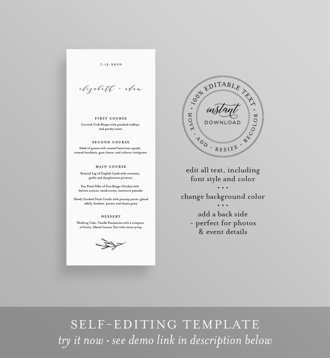 Minimalist Menu Card Template Modern Wedding Menu Printable - Etsy