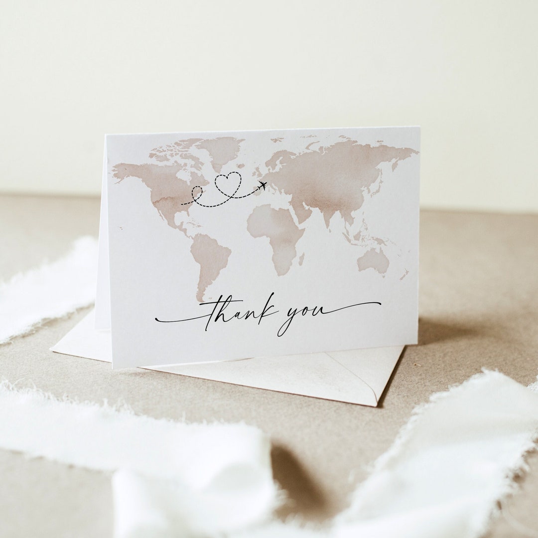 Travel Thank You Folded Card Printable, World Map Wedding / Bridal ...