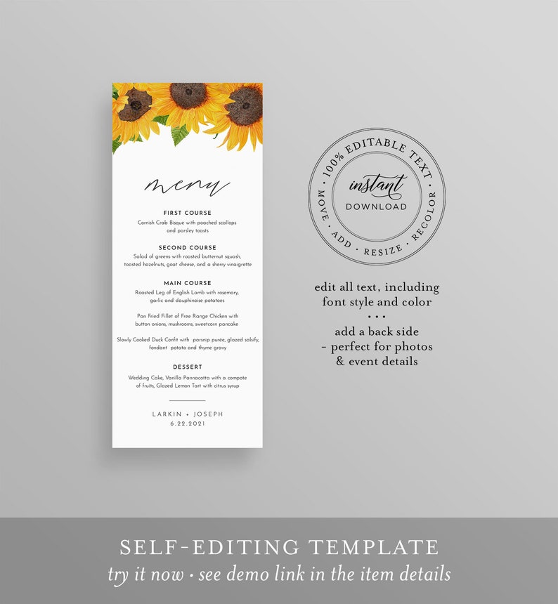 Sunflower Menu Template Wedding Dinner Menu Card Printable - Etsy
