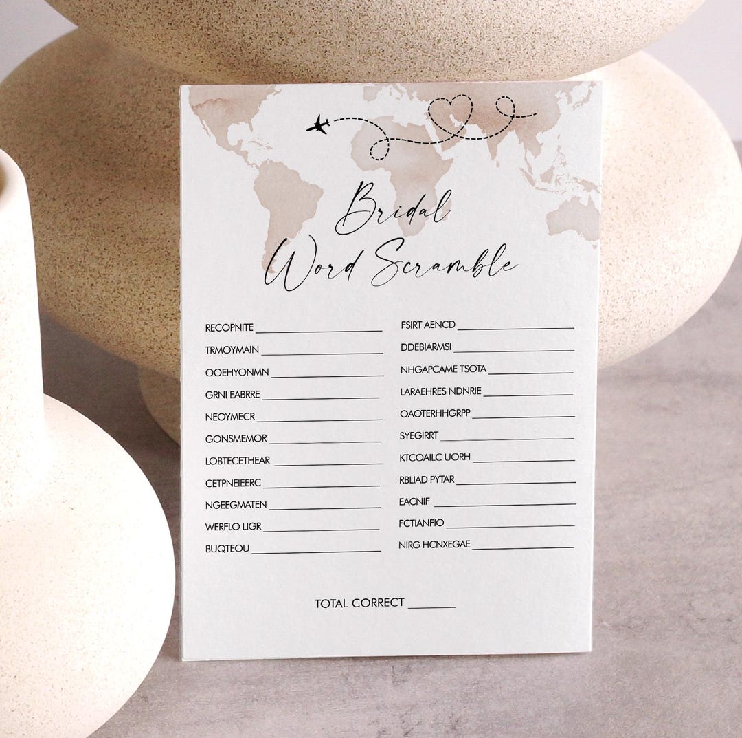 Travel Theme Word Scramble Bridal Shower Game Template, Printable World ...