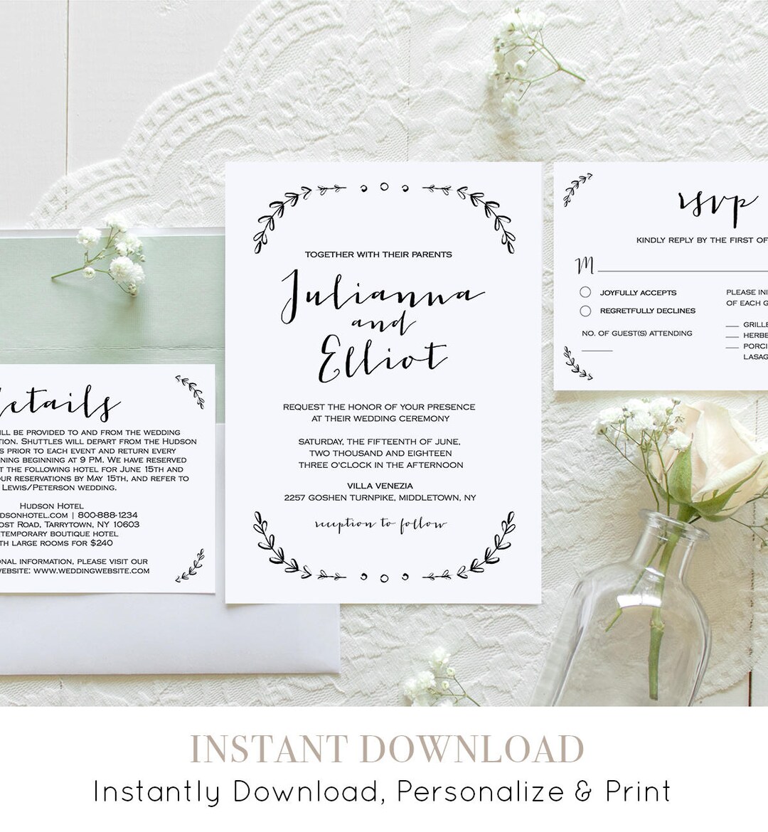 Wedding Invitation Set Template, Printable Rustic Wedding Invite, RSVP ...
