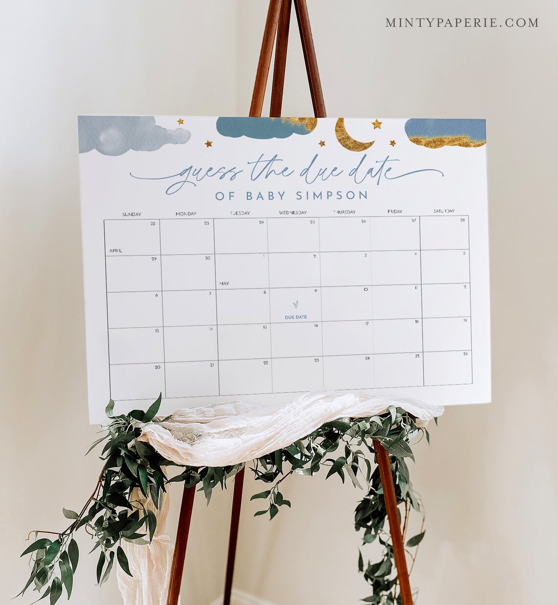 Baby Due Date Calendar Sign, Guess the Birthday Boy Baby Shower Game ...