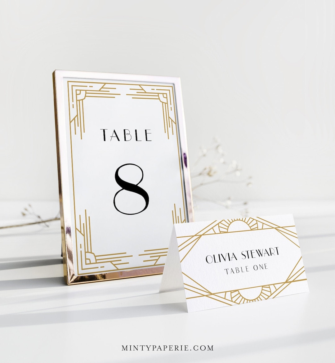 Art Deco Table Number Card Template, Gold Minimal Retro Wedding Table ...