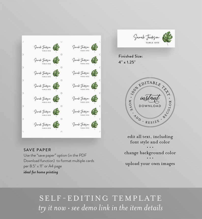 Tropical Place Card Template, 100% Editable, Printable Skinny Seating ...
