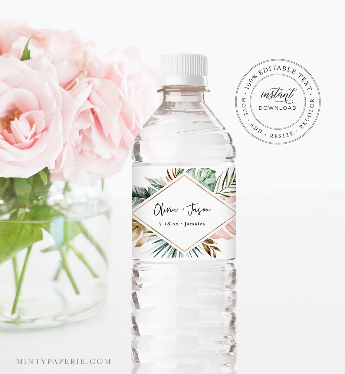 Tropical Water Bottle Label Template, Beach Wedding Water Sticker ...