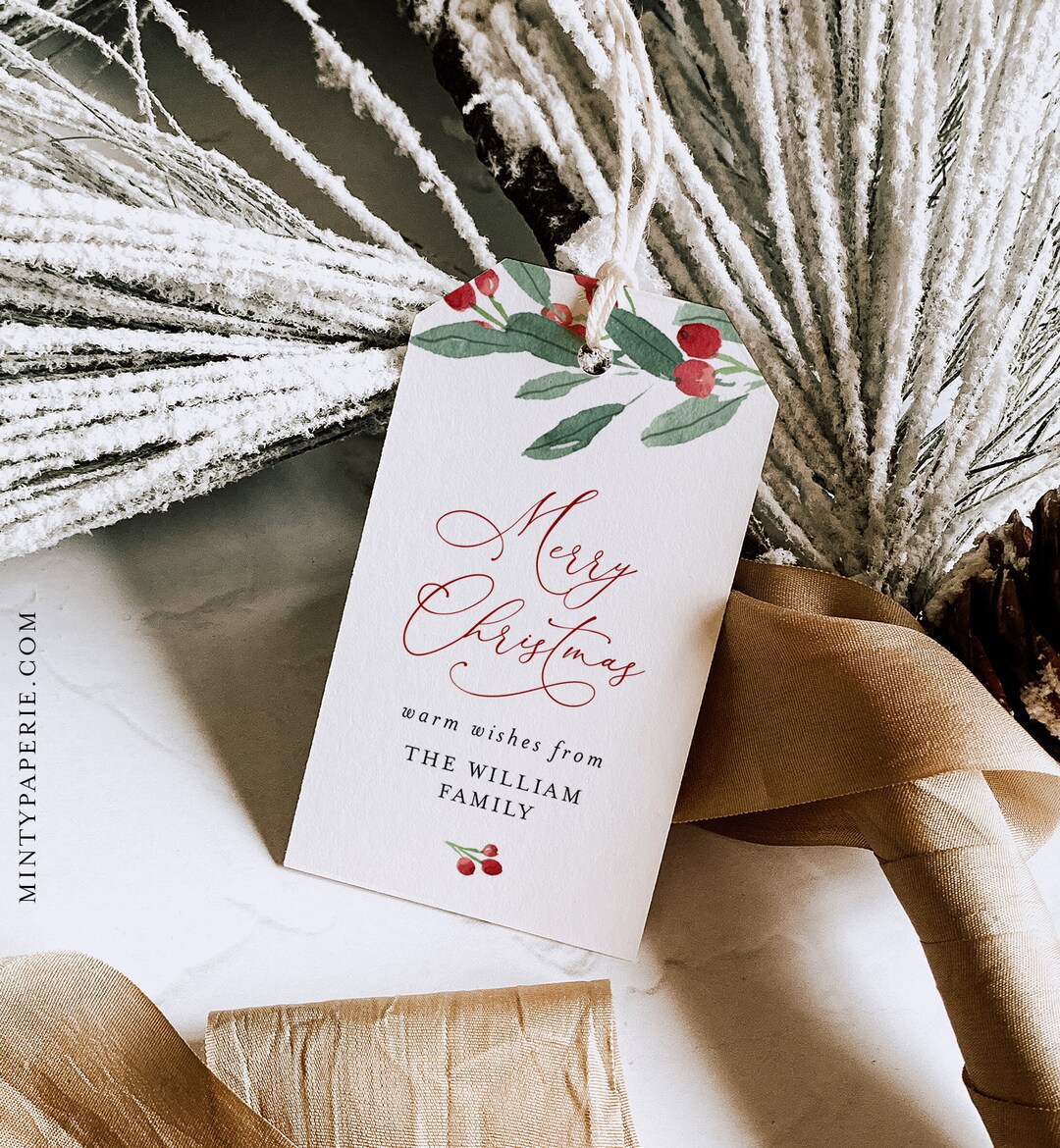 Christmas Gift Tag Template, Printable Winter Holly Favor Tag, Editable ...
