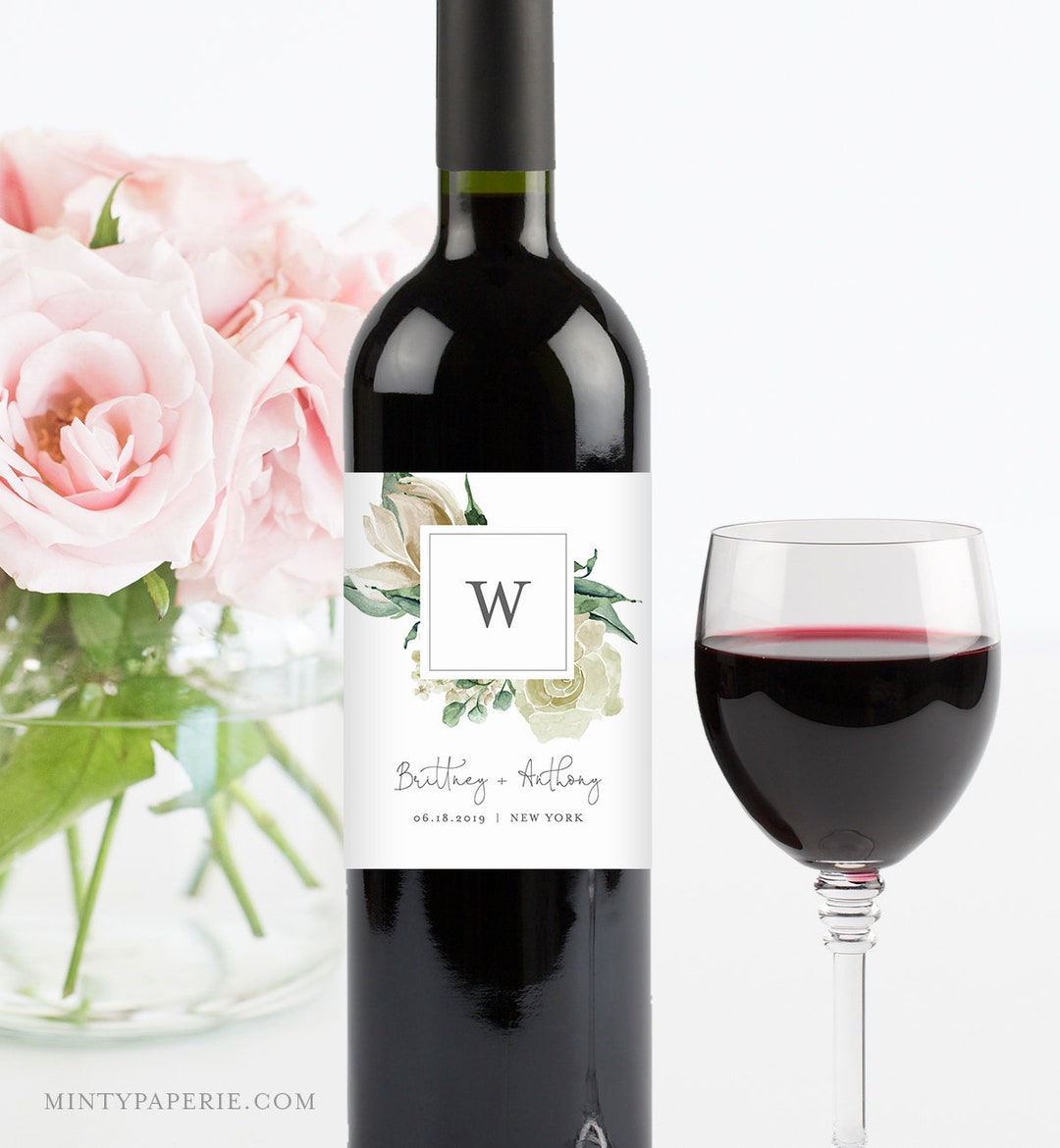 Monogram Wine Bottle Label Template, Printable Greenery Wine Sticker ...