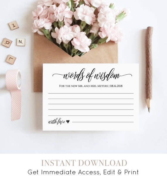Words of Wisdom Card Template Wedding Advice Printable Card - Etsy ...