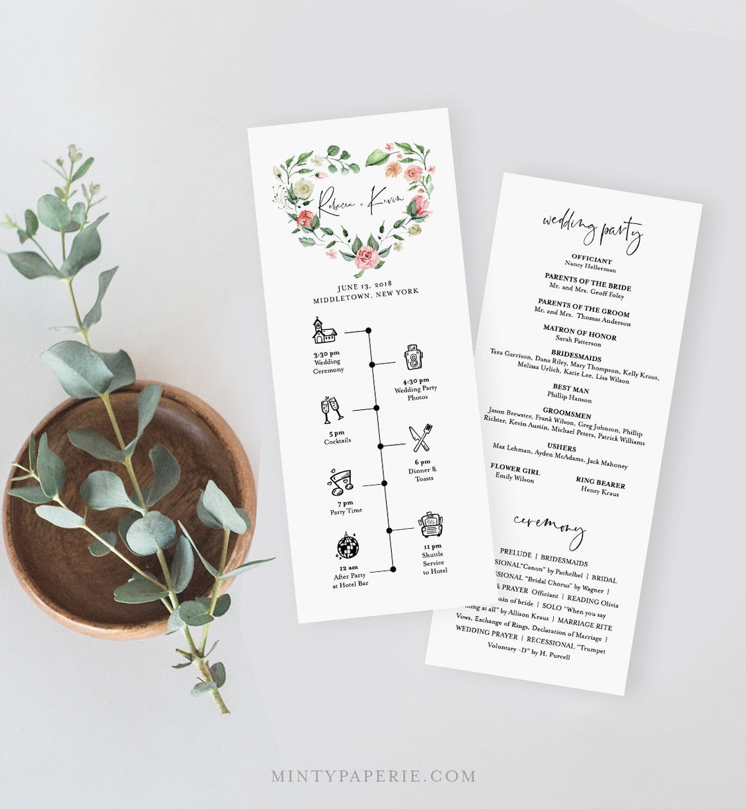Wedding Program & Timeline Template, Printable Order of Service ...