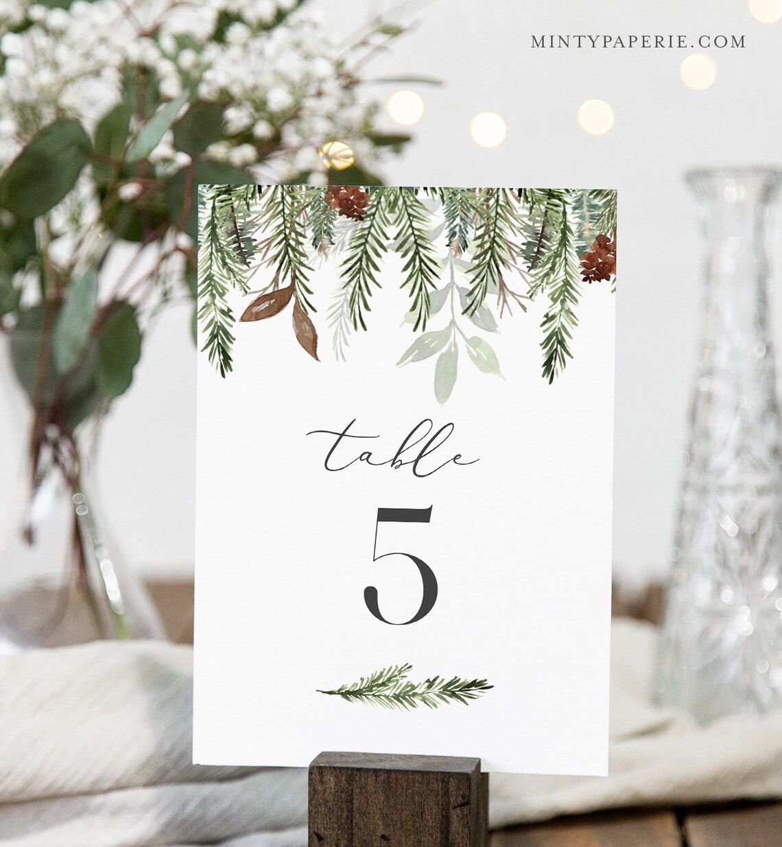 Pine Table Number Card Template, Rustic Winter Wedding Table Number ...