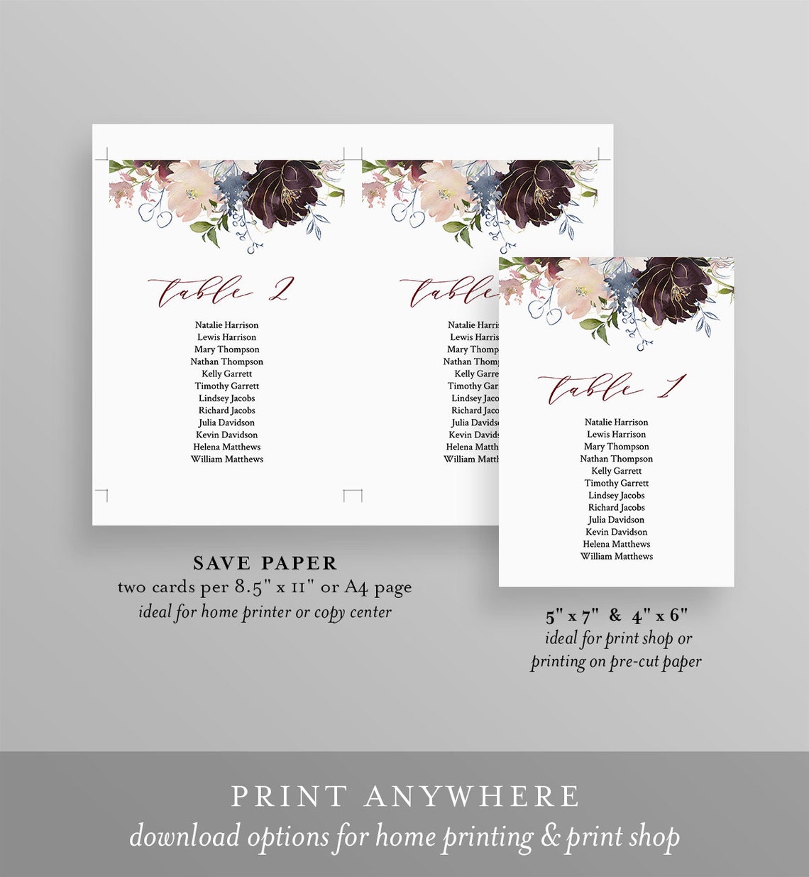 Seating Chart Cards Table Seating Template Boho Floral | Etsy