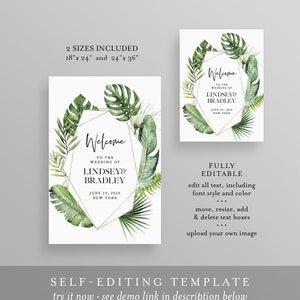 Tropical Welcome Sign Template, Palm Greenery Wedding or Bridal Shower ...