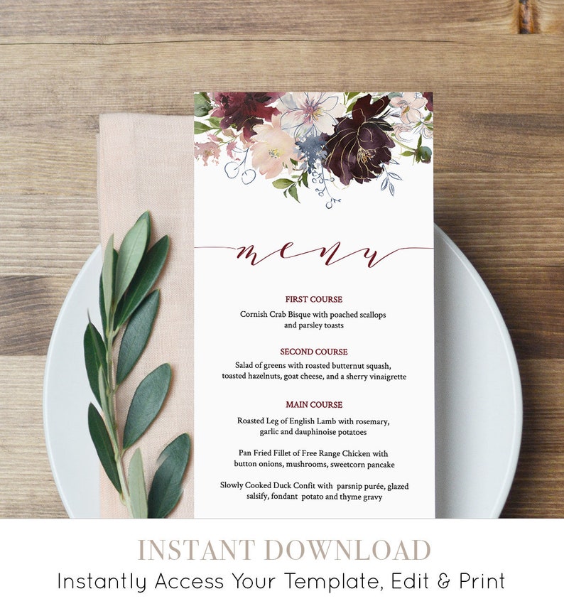 Floral Menu Template Wedding Dinner Menu Printable INSTANT - Etsy