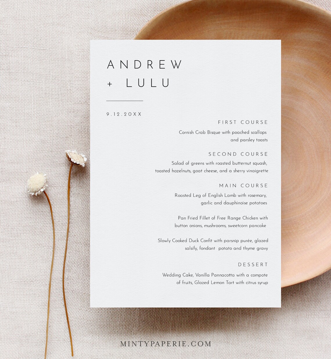 Minimalist Menu Template Printable Modern & Simple Wedding - Etsy