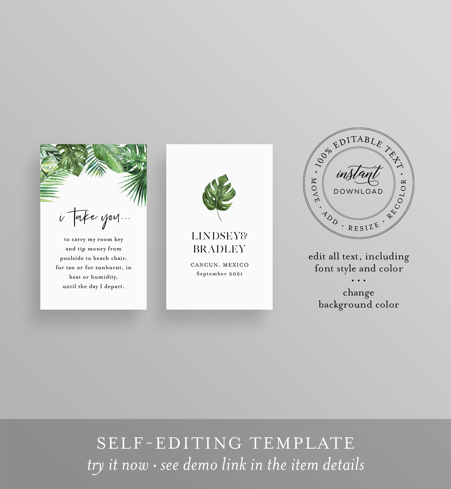 Wedding Room Key Card Tag Template, Printable Tropical Palms Key Card ...