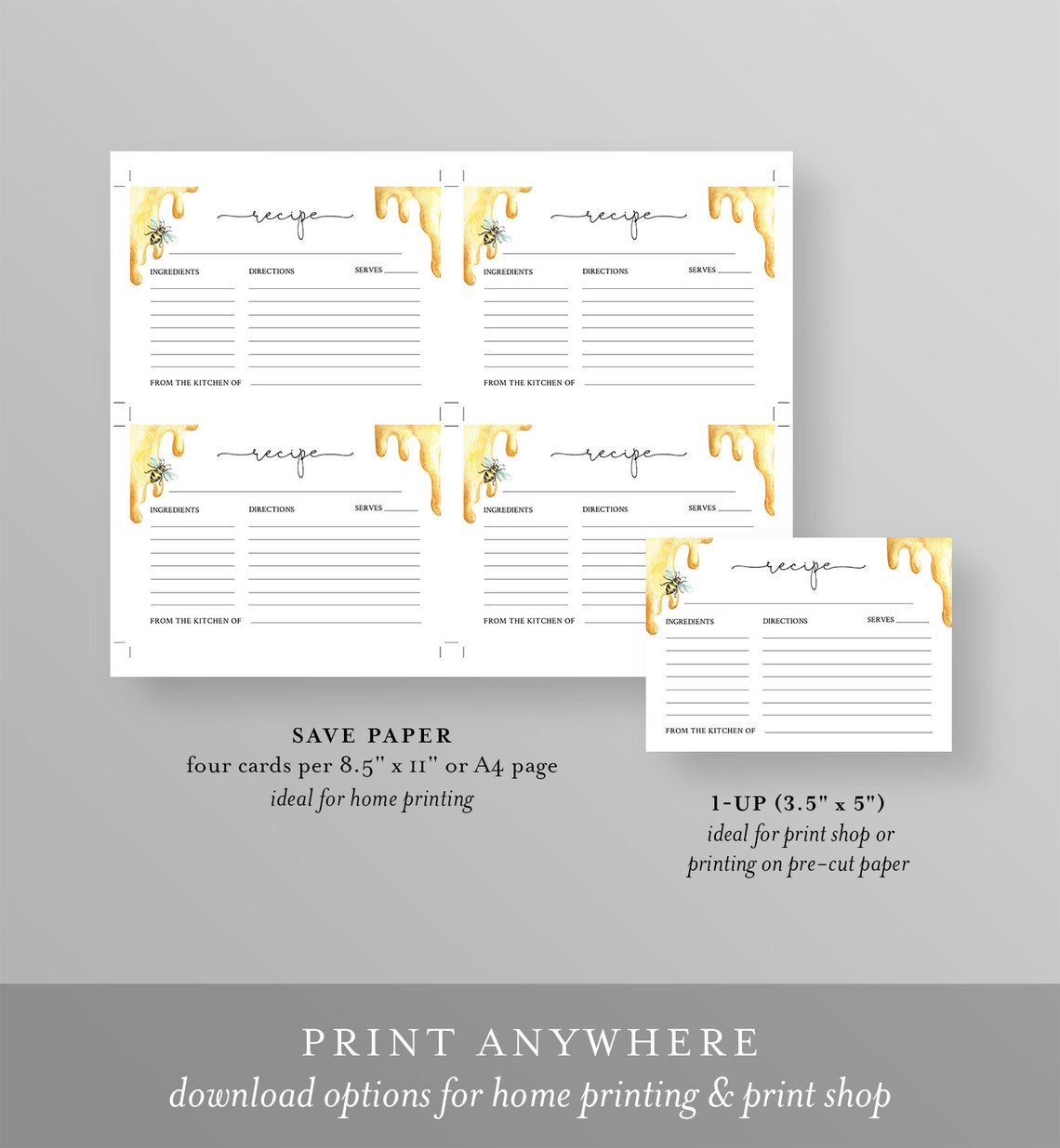 Bee Recipe Card Template, Honey Bee Bridal Shower Insert, Instant ...