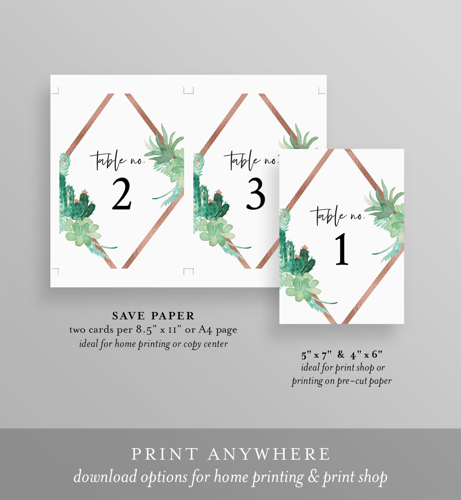 Succulent Table Number Card Template Cactus & Rose Gold - Etsy