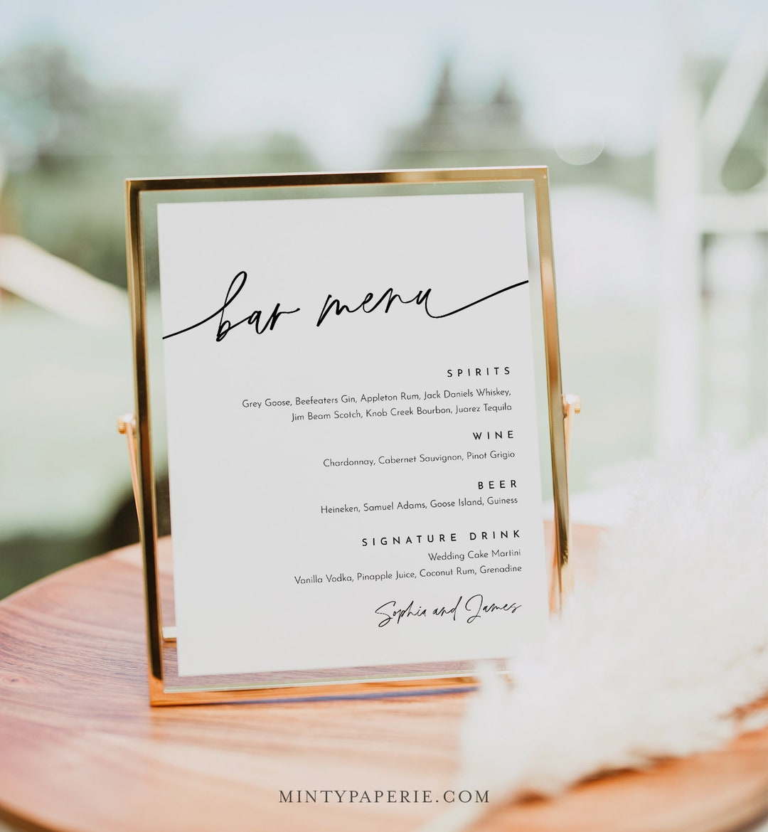 Minimalist Bar Menu Sign, Printable Wedding Bar Menu, Alcohol Drinks ...