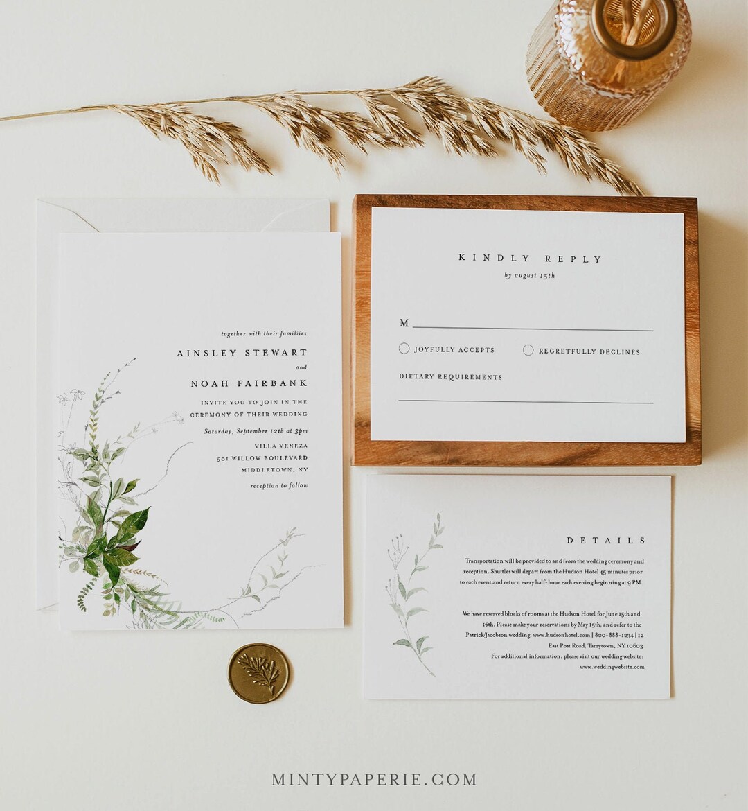 Modern Greenery Wedding Invitation Set, INSTANT DOWNLOAD, Minimalist ...