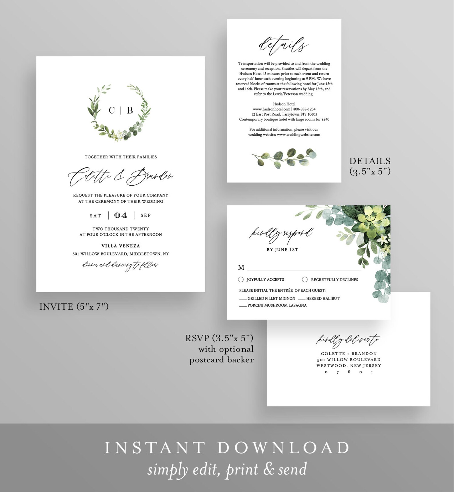 Greenery Wedding Invitation Suite Printable Monogram Wreath - Etsy