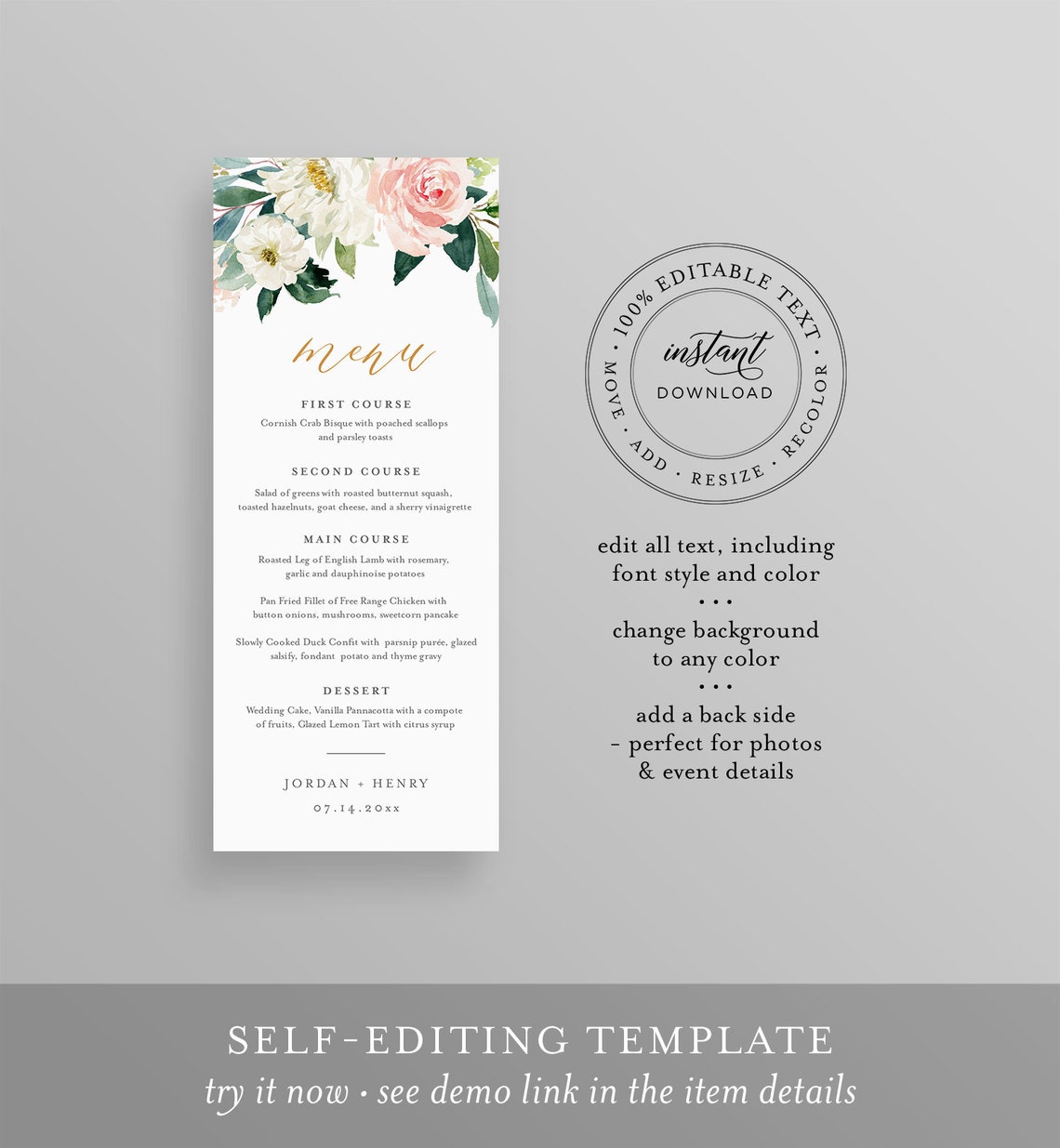 Wedding Menu Template, INSTANT DOWNLOAD, Printable Dinner Menu Card ...