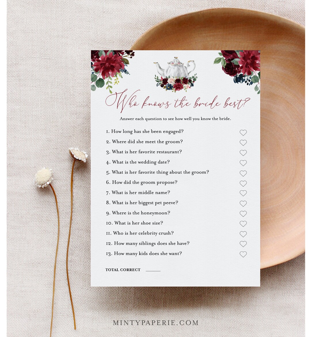 Who Knows the Bride Best Bridal Shower Game, Printable Tea Party Bridal ...