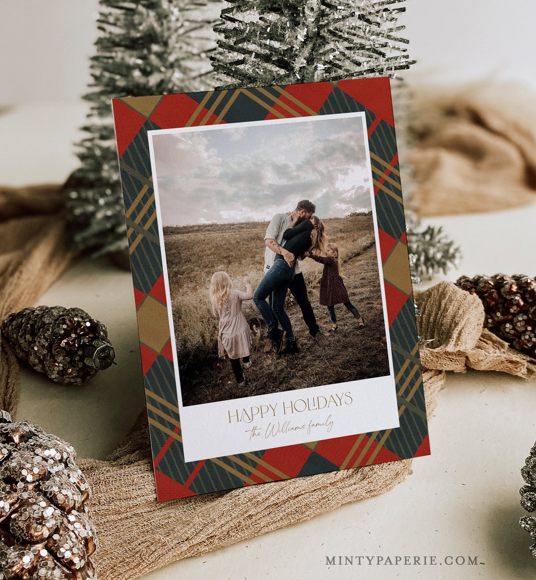 Photo Holiday Card Template, Modern Plaid Christmas Card, Flannel ...