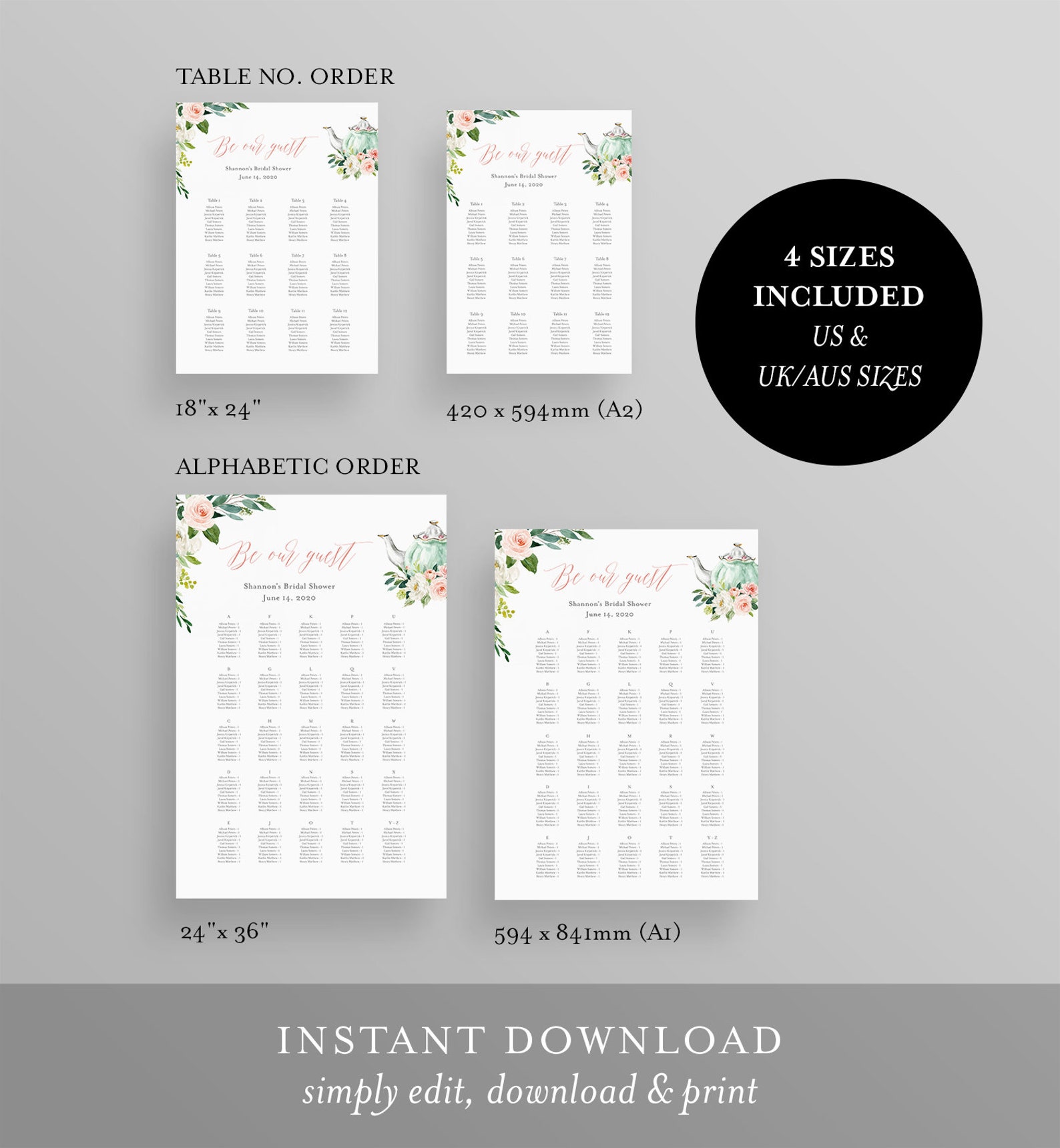 Tea Wedding Seating Chart Template, Printable Tea Party Bridal Shower ...