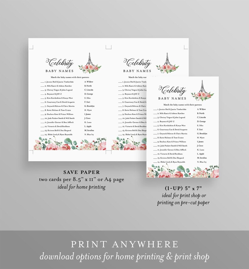 Celebrity Baby Name Game Printable Paris Baby Shower Game - Etsy