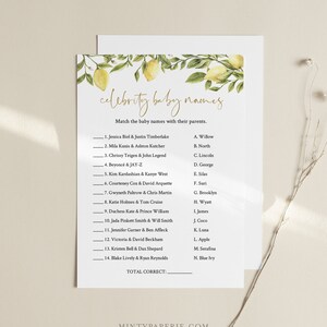 Celebrity Baby Name Game, Printable Baby Shower Game, Summer Citrus ...