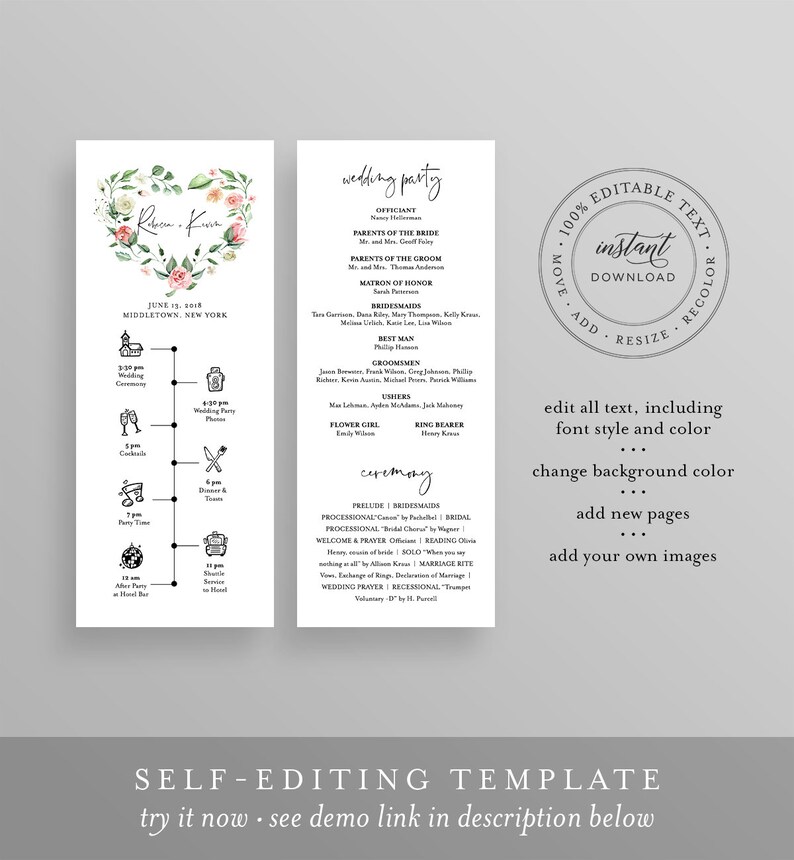 Wedding Program & Timeline Template Printable Order of | Etsy