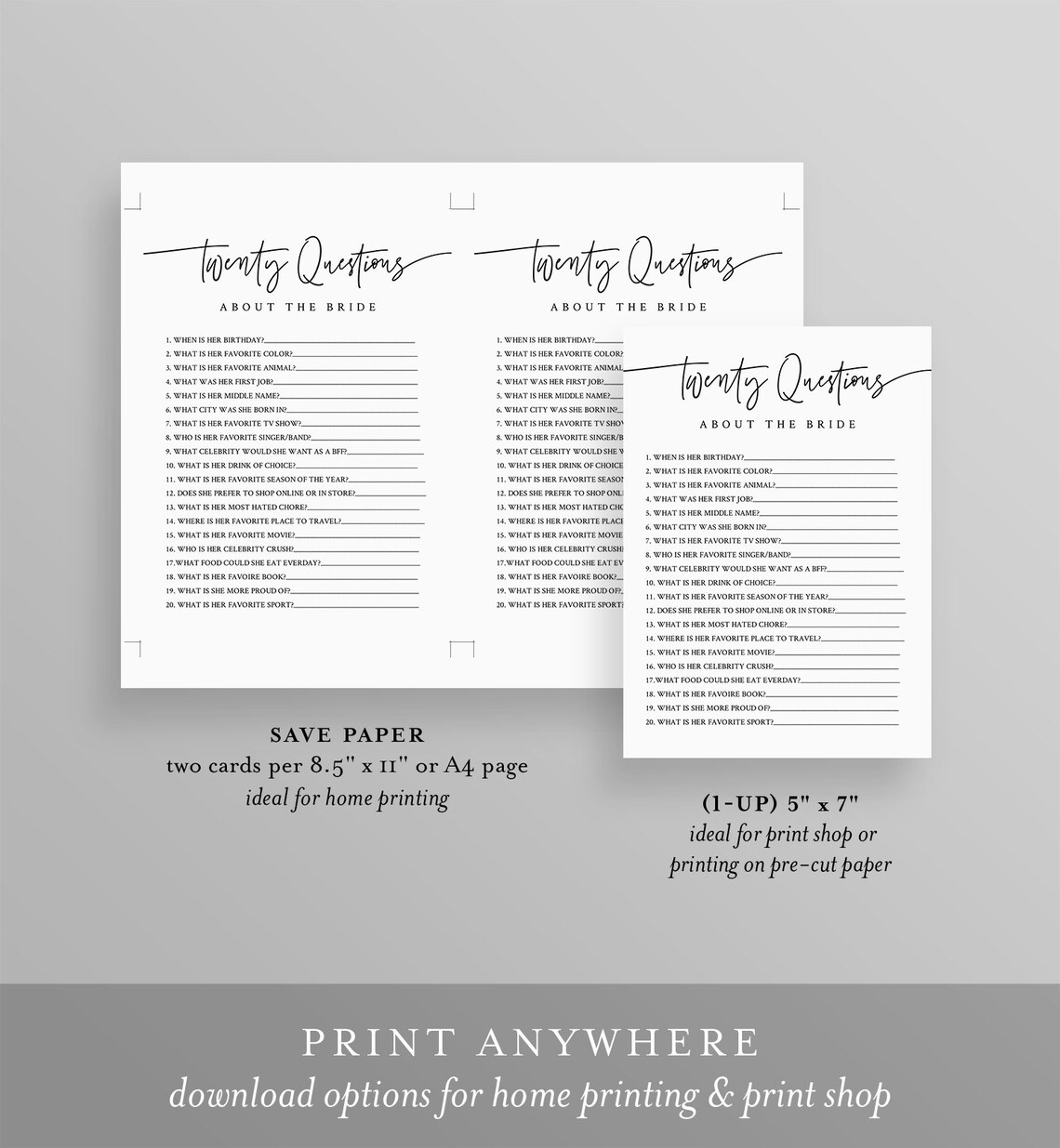 20 Questions About the Bride, Bridal Shower Game, How Well Do You Kknow ...