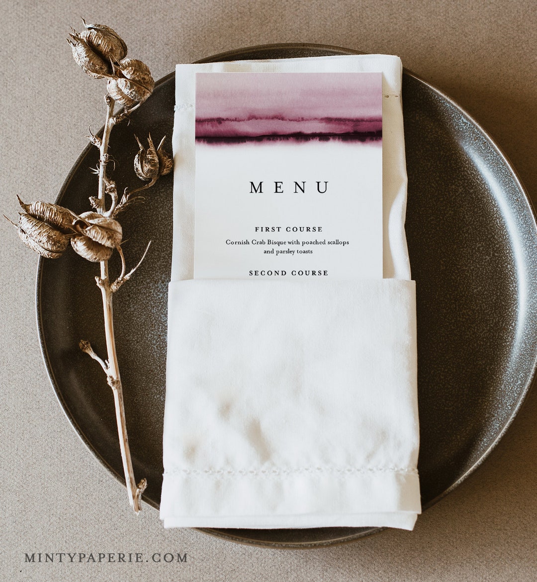 Watercolor Wedding Menu Template, Burgundy, Elegant, INSTANT DOWNLOAD ...