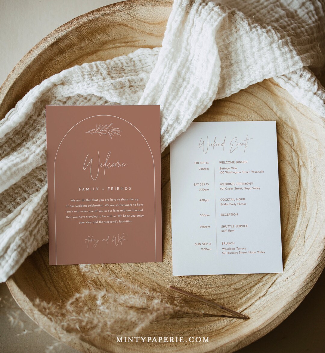 Bohemian Arch Welcome Letter & Timeline Template, Modern Wedding Order ...