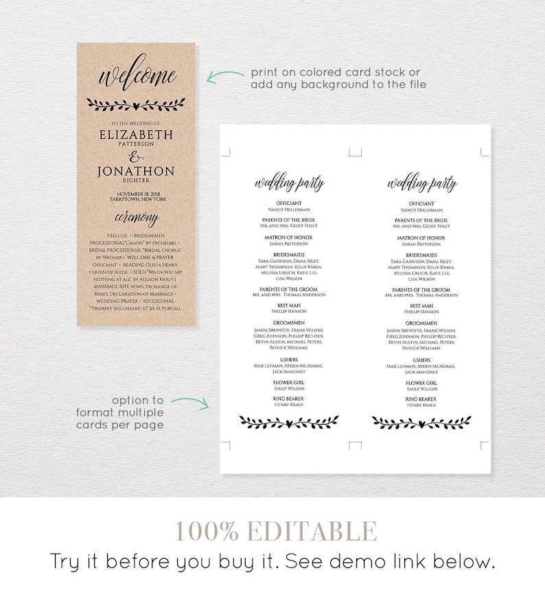 Printable Wedding Program Template Order of Service Rustic - Etsy