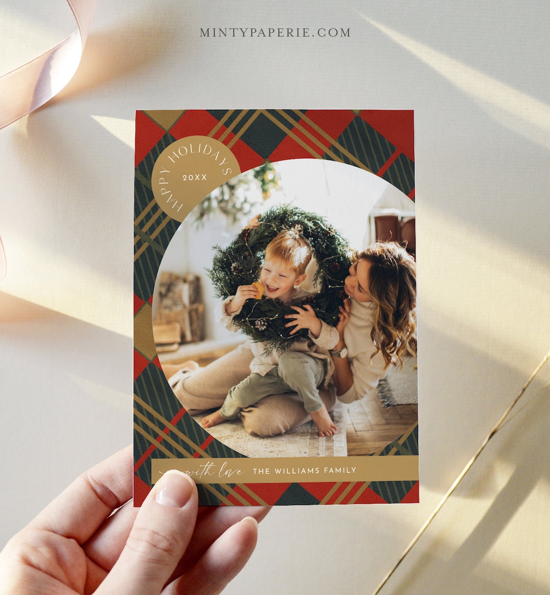 Plaid Holiday Card Template, Modern Photo Christmas Card, Flannel ...